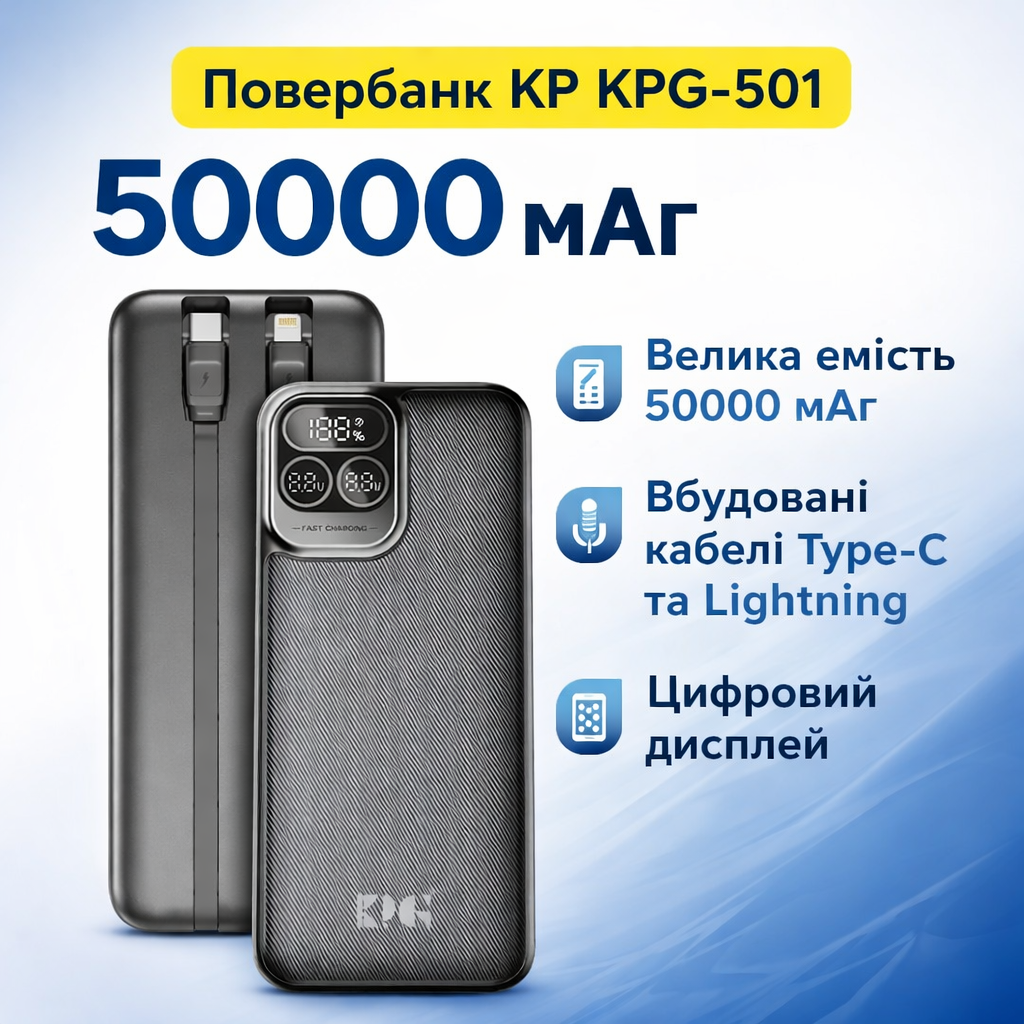 Повербанк KP KPG-501 Power Bank 50000 мА·ч 22,5 Вт с дисплеем и ...